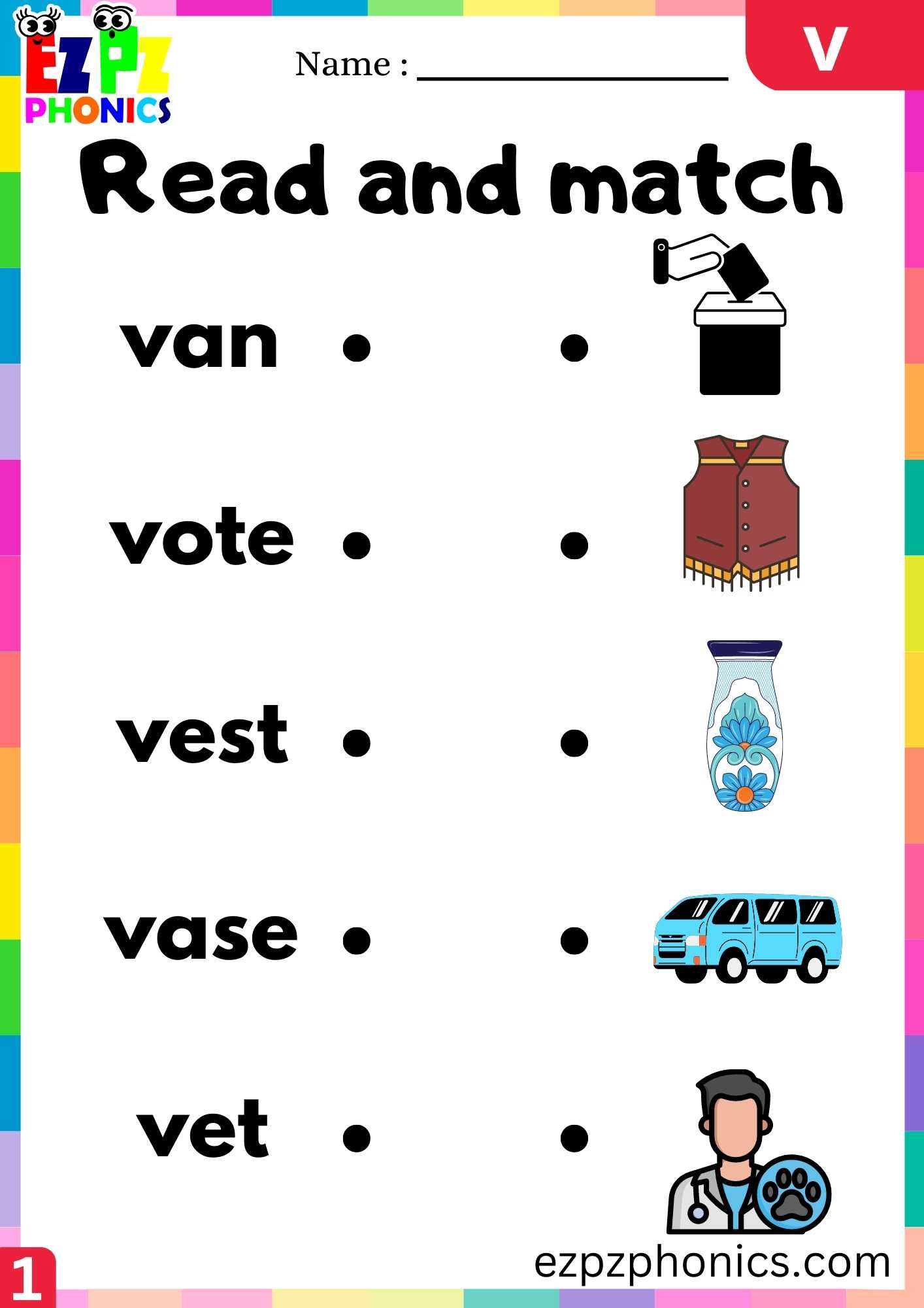 Letter V Read And Match Beginning Sounds Worksheet - ezpzphonics.com Letter V Read And Match Beginning Sounds Worksheet - ezpzphonics.com